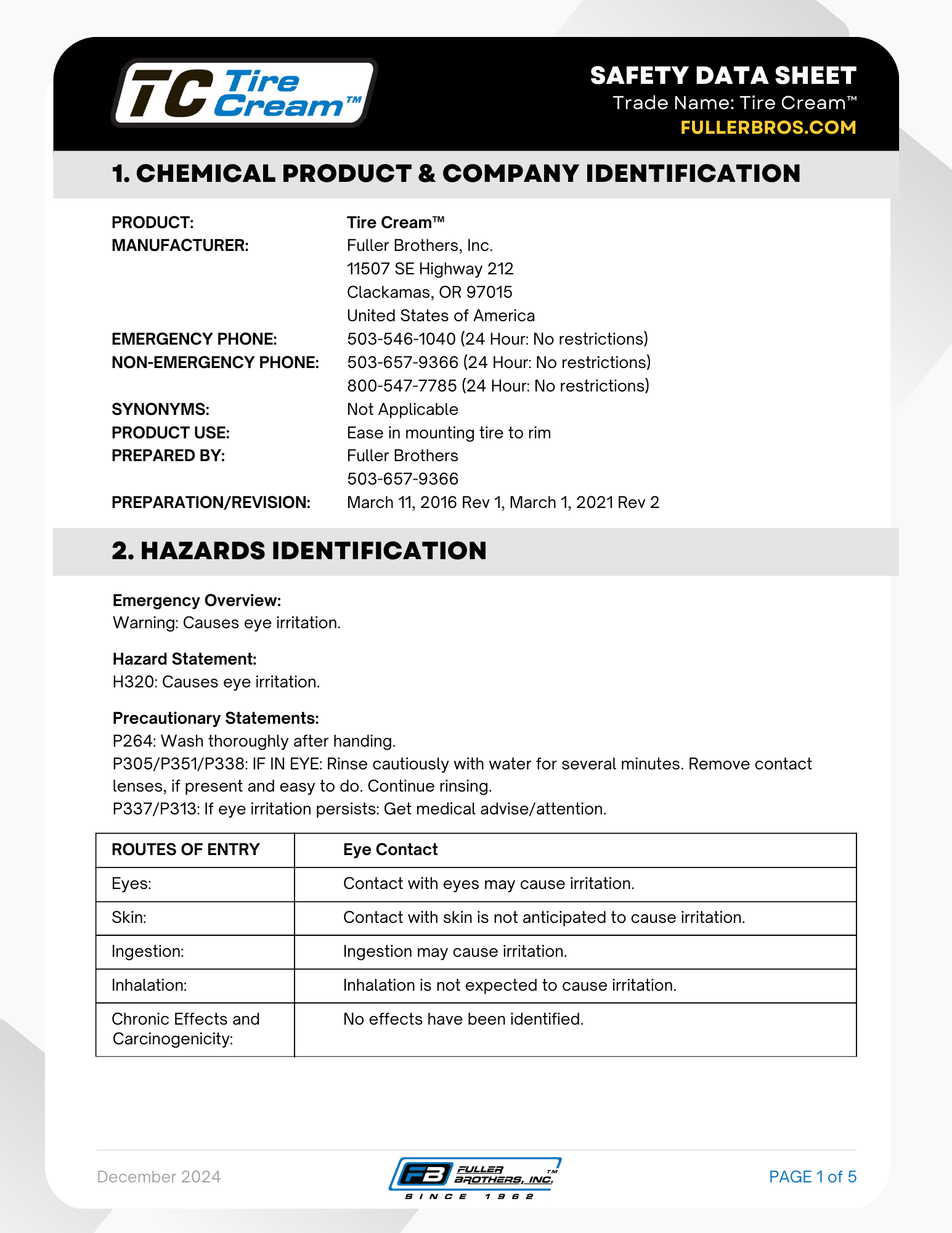 Tire Cream™ Safety Data Sheet - Fuller Bros